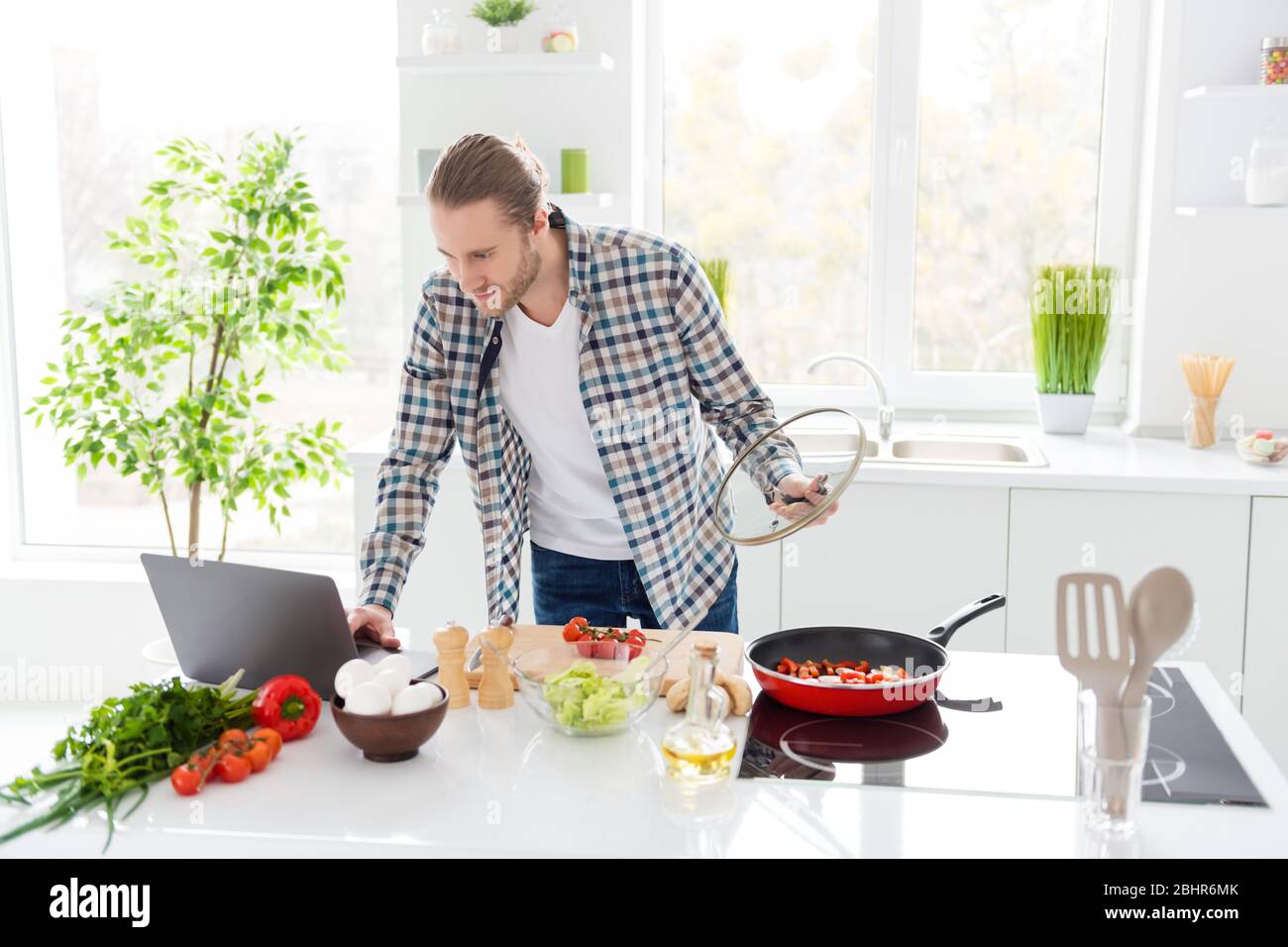 Portrait of focused guy want cook tasty delicious yummy morning ...