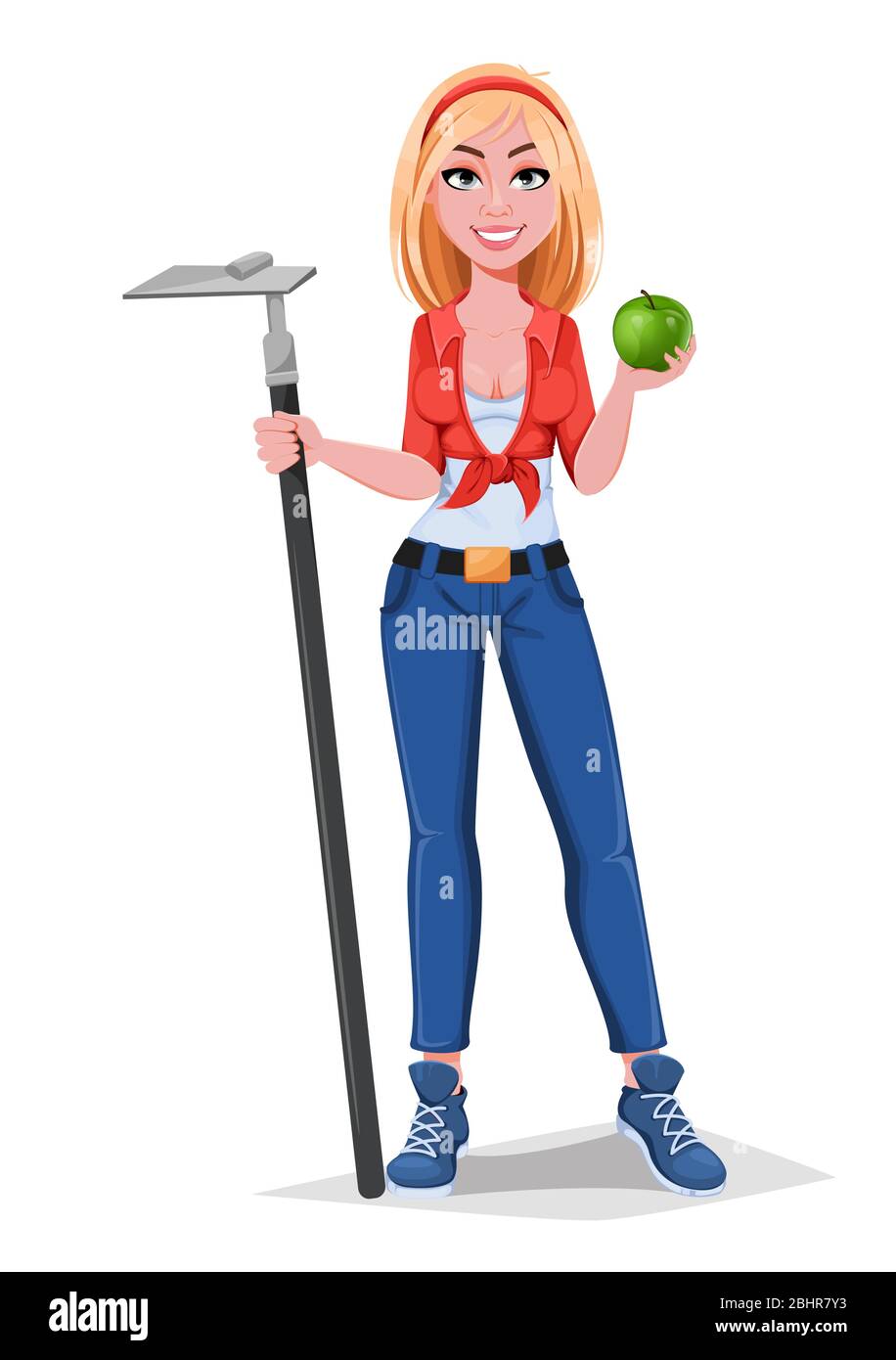 Happy smiling farm girl hoe and apple. Beautiful farmer woman cartoon ...