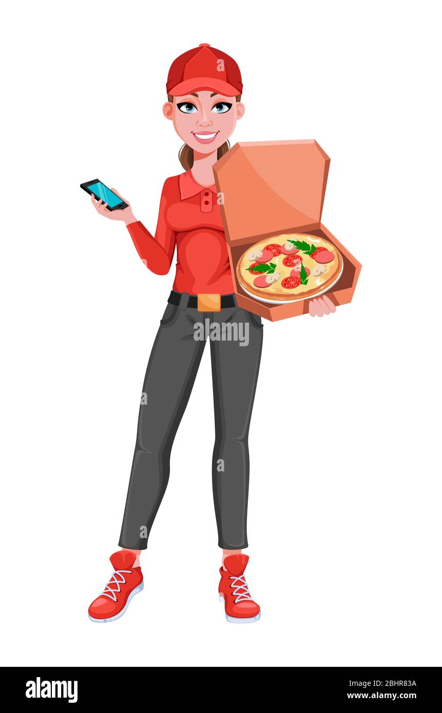 Courier woman with tasty pizza. Delivery service concept. Beautiful ...