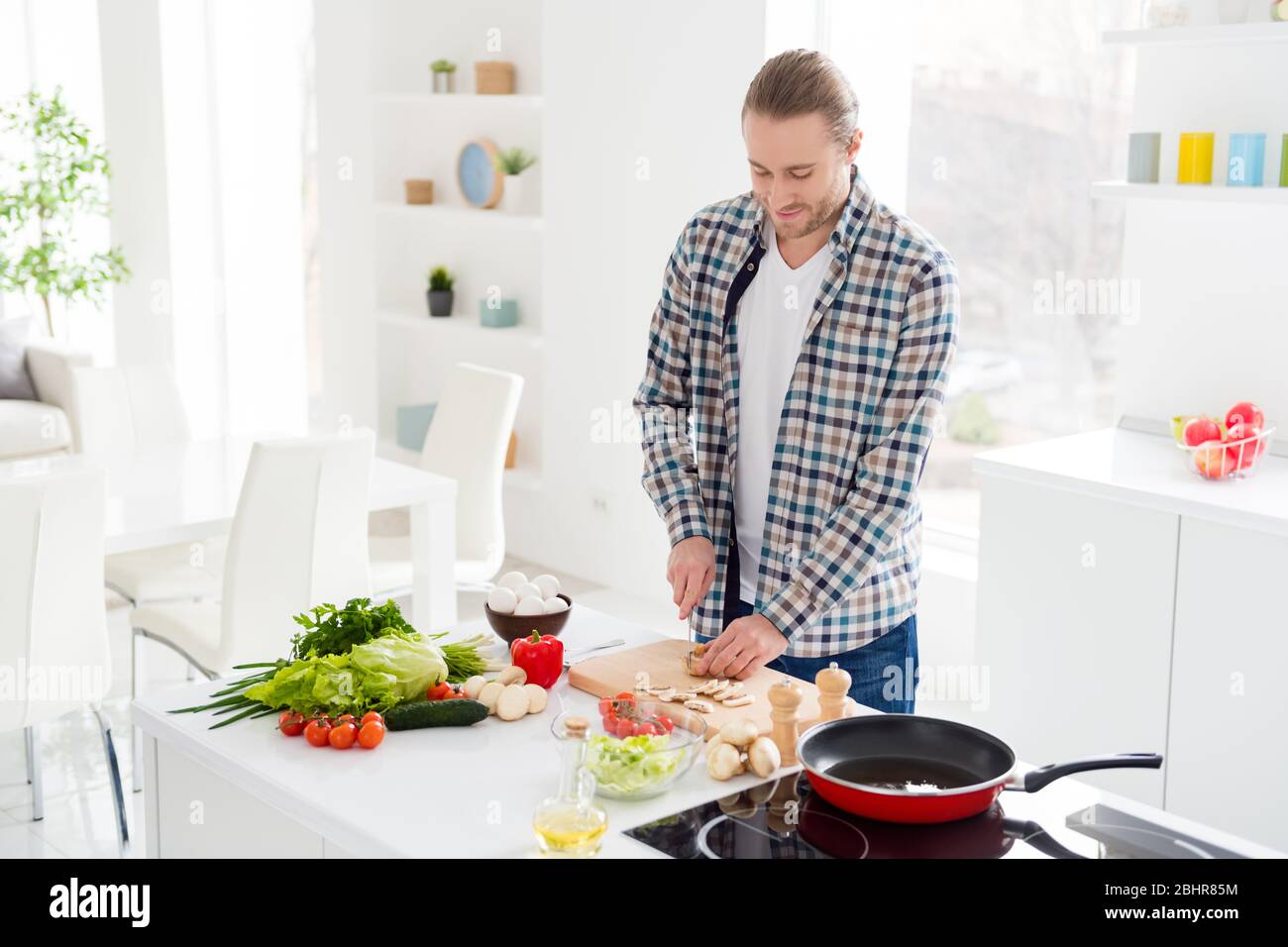 Portrait of his he nice attractive focused cheery glad guy boyfriend ...