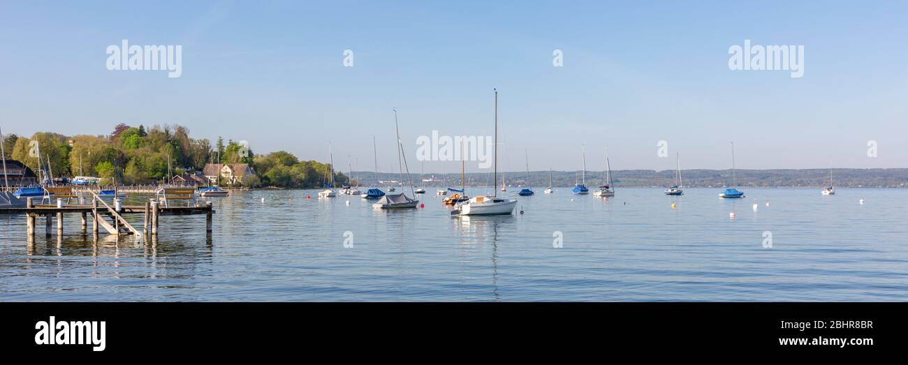 Panorama of Ammersee (Lake Ammer) with pier and anchoring sailboats ...