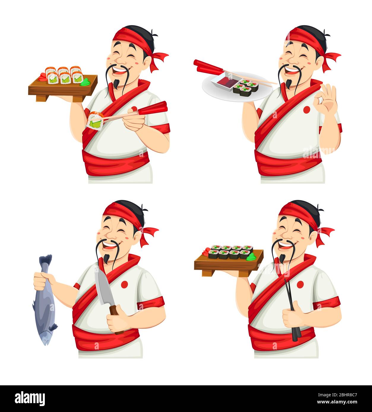 Asian chef holding, set of four poses. Handsome Japanese cook cartoon ...