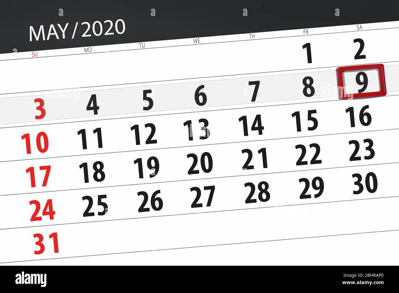 Calendar planner for the month may 2020, deadline day, 9, saturday ...