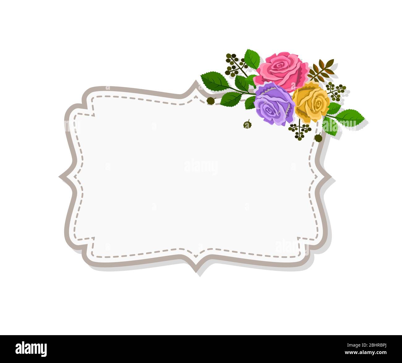 Frame decorated with stitching and flowers, isolated on white ...