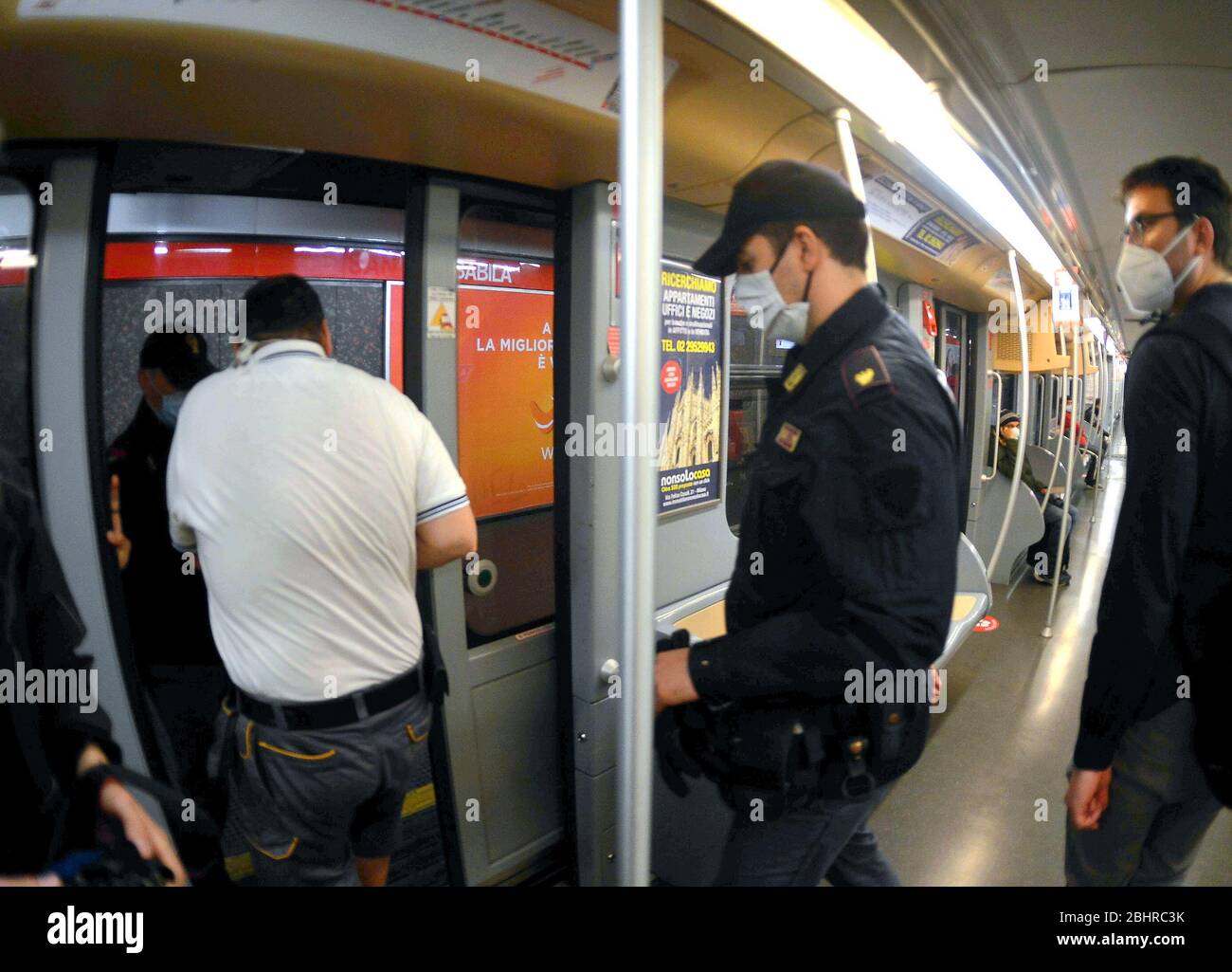 Milan, train of metro 1 with placeholder for safety distances in ...