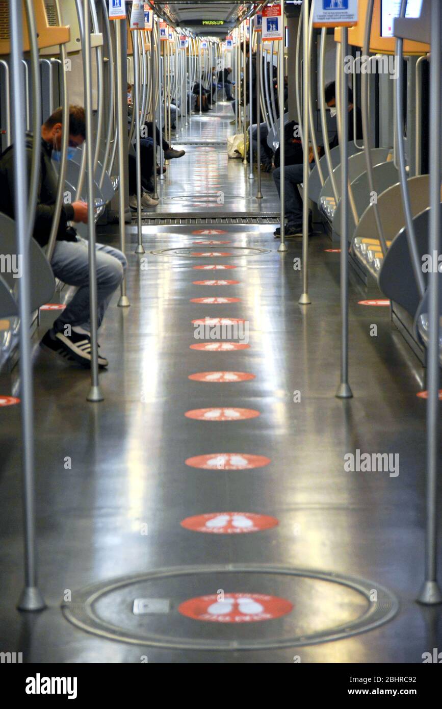 Milan, train of metro 1 with placeholder for safety distances in ...