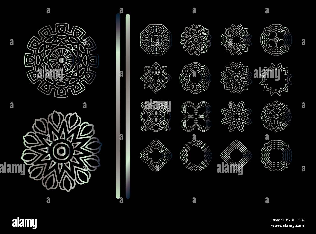 Silver Mandala set. Metallic steel pattern mandalas Stock Photo - Alamy