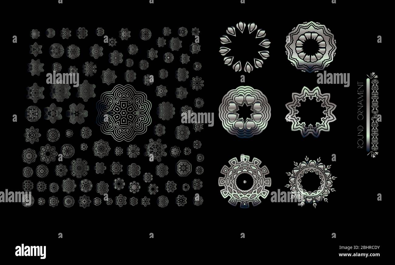 Silver Mandala set. Metallic steel pattern mandalas Stock Photo - Alamy