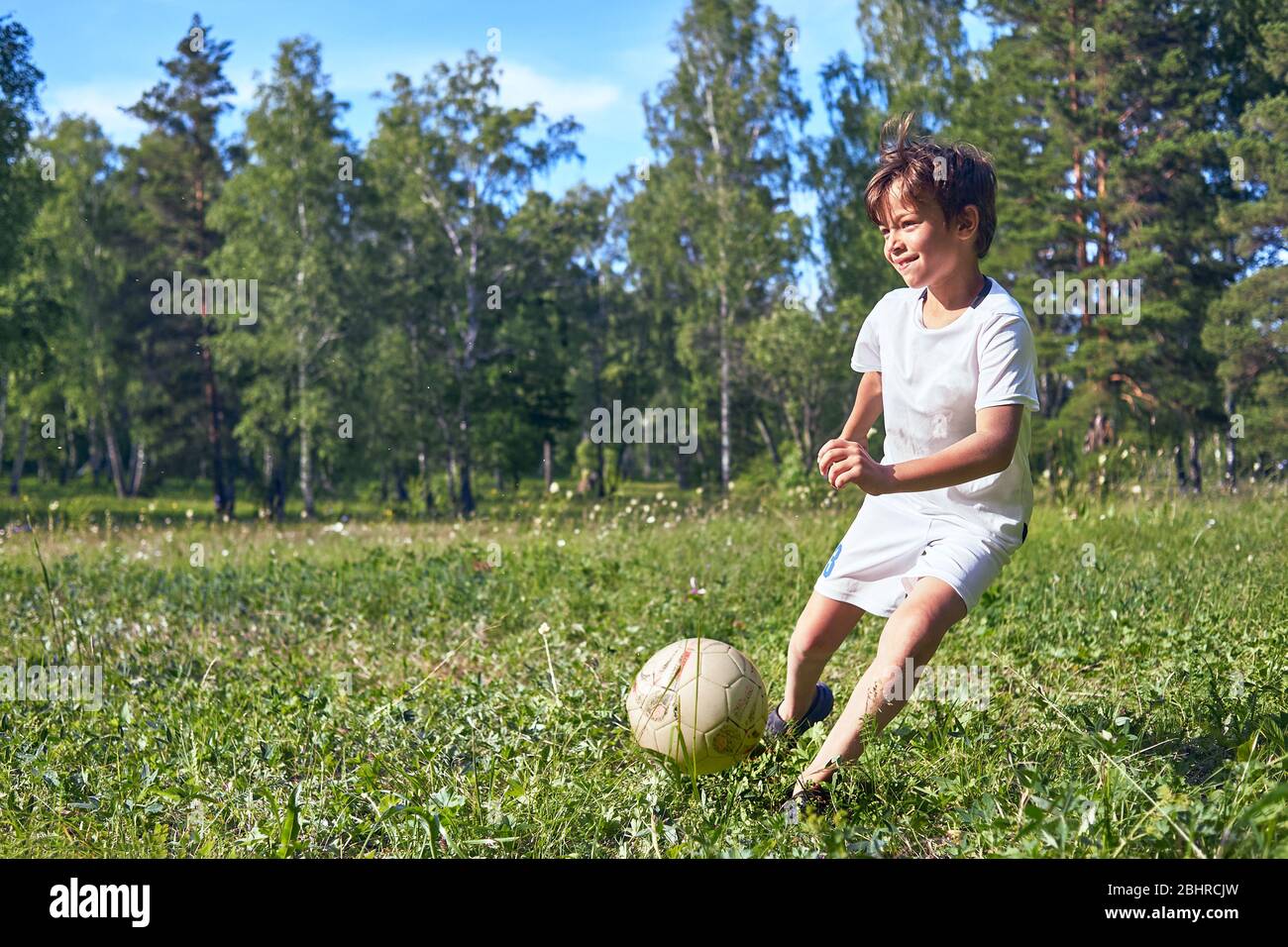 kid kicking a soccer ball on the field Stock Photo - Alamy
