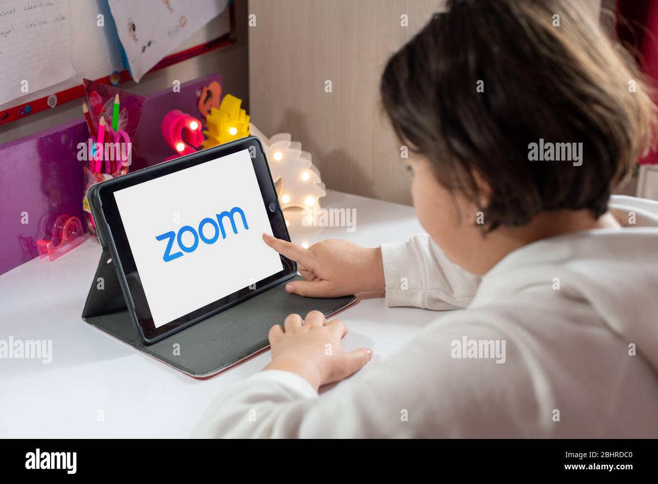 Antalya, TURKEY - April 24, 2020. Tablet showing Zoom Cloud Meetings ...