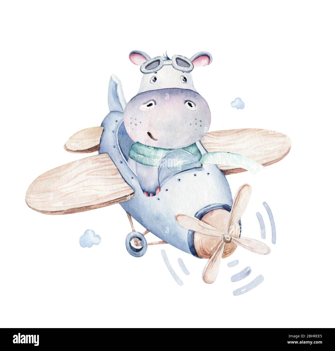 Watercolor baby cartoon pilot aviation hippopotamus, lion and zebra ...