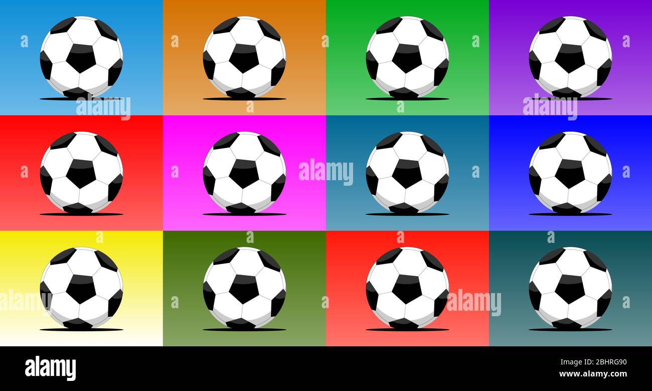Set of 12 soccer balls isolated on multiple color backgrounds. Vector ...