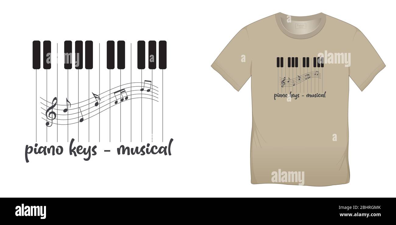 Print on t-shirt, piano keys musical with music notes, isolated on ...