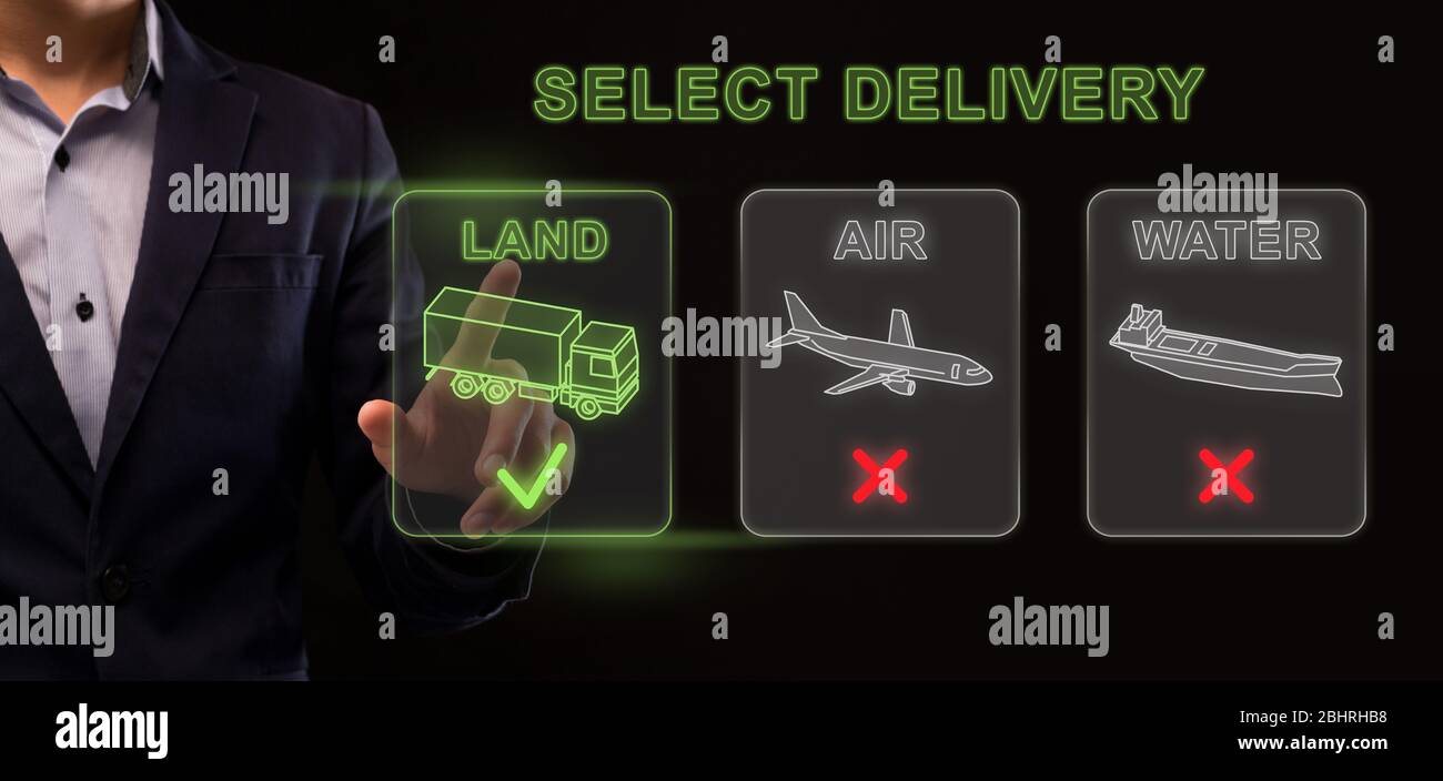 Collage with words SELECT DELIVERY and young businessman choosing among ...