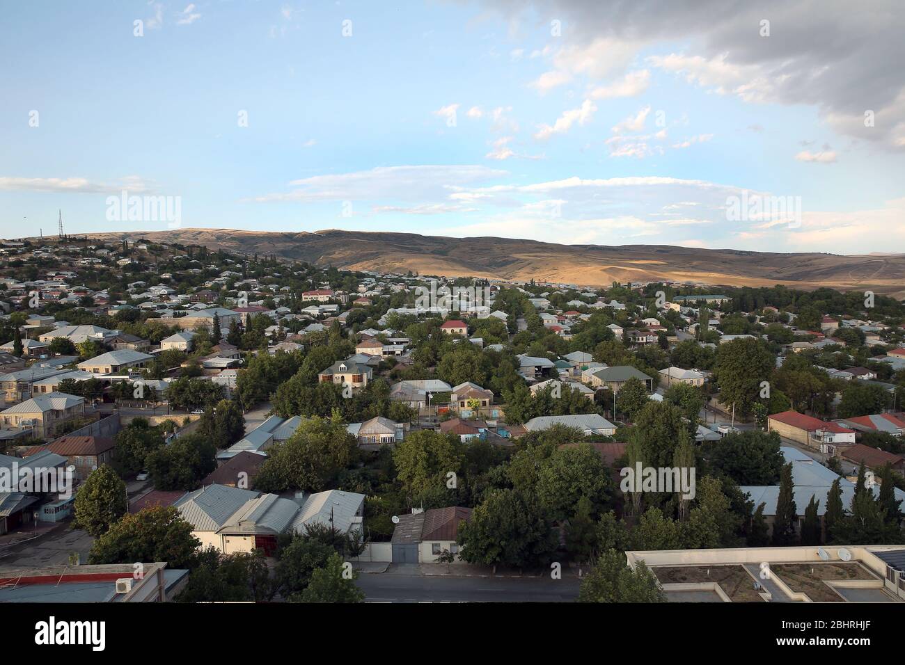 Wide angle panoramic view to Shemakhy city, Azerbaijan . View from ...