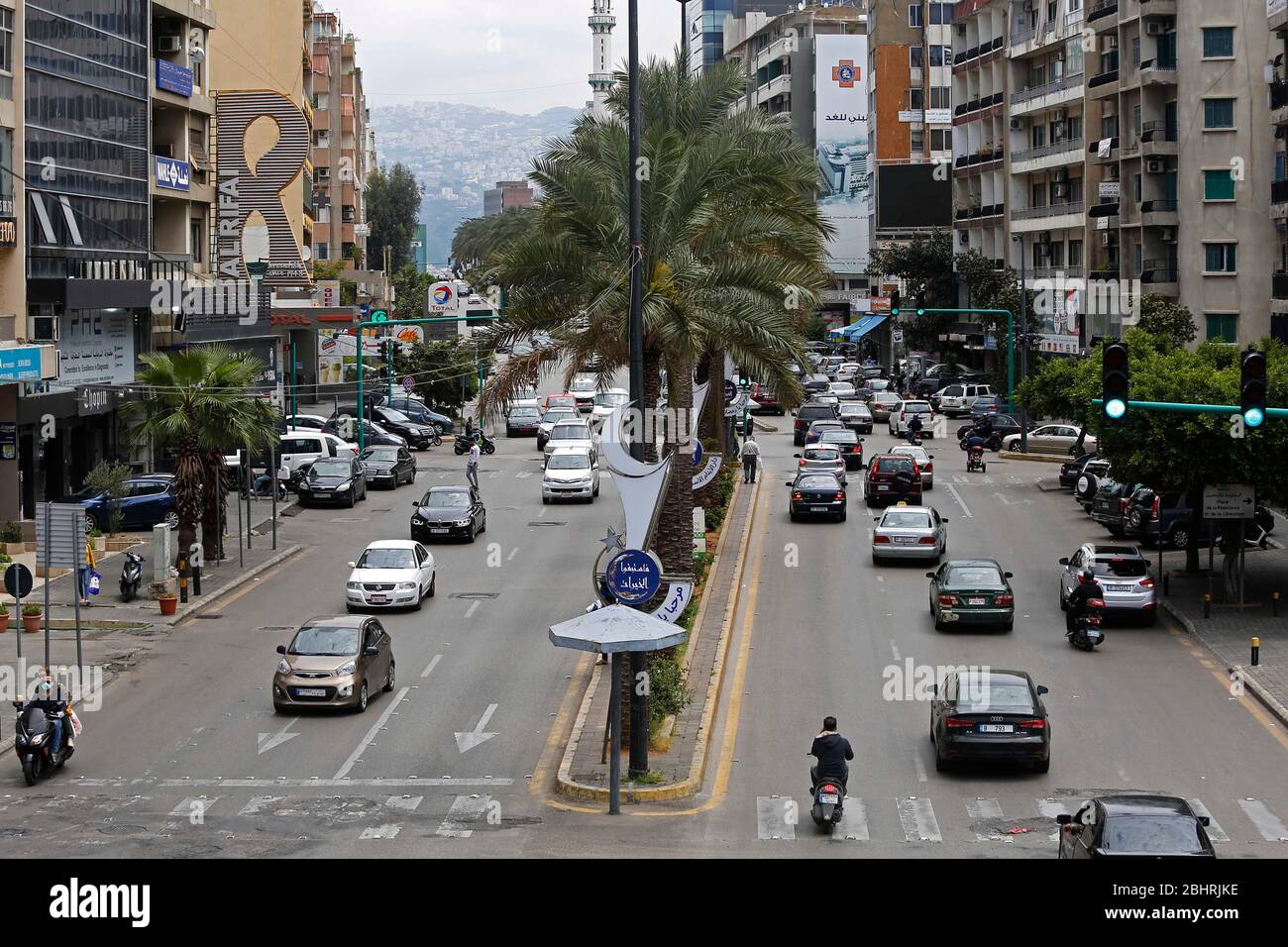 Beirut, Lebanon. 27th Apr, 2020. Vehicles run on a road in Beirut ...