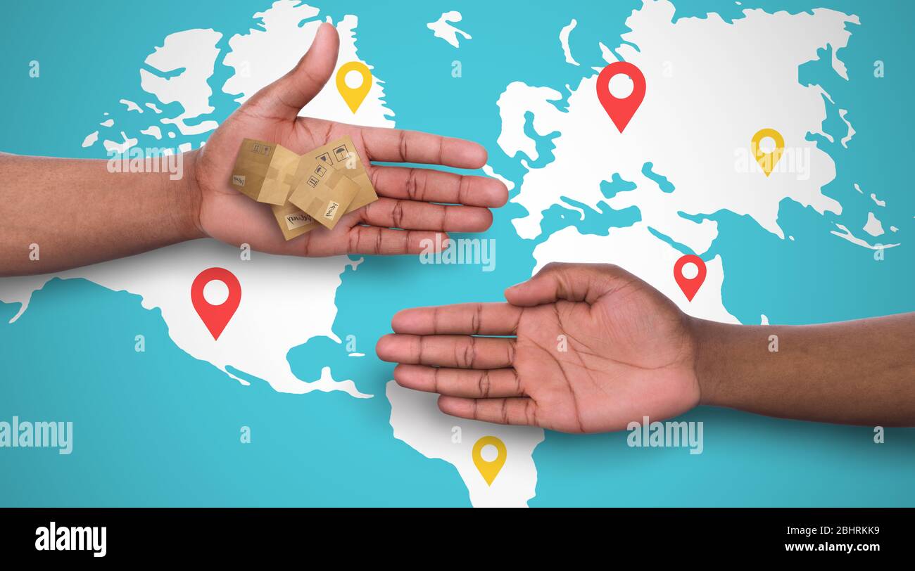 Global delivery service. Collage with world map and people exchanging ...