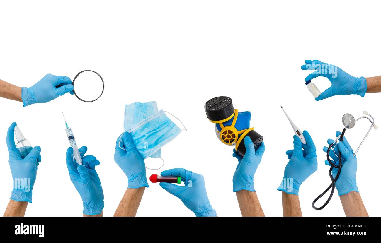 many hands holding medical tools on white Stock Photo - Alamy