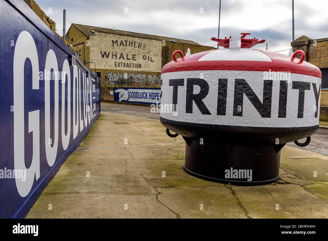 London, England. Metal sculpture at the entrance to Trinity Buoy Wharf, a Docklands site with ...