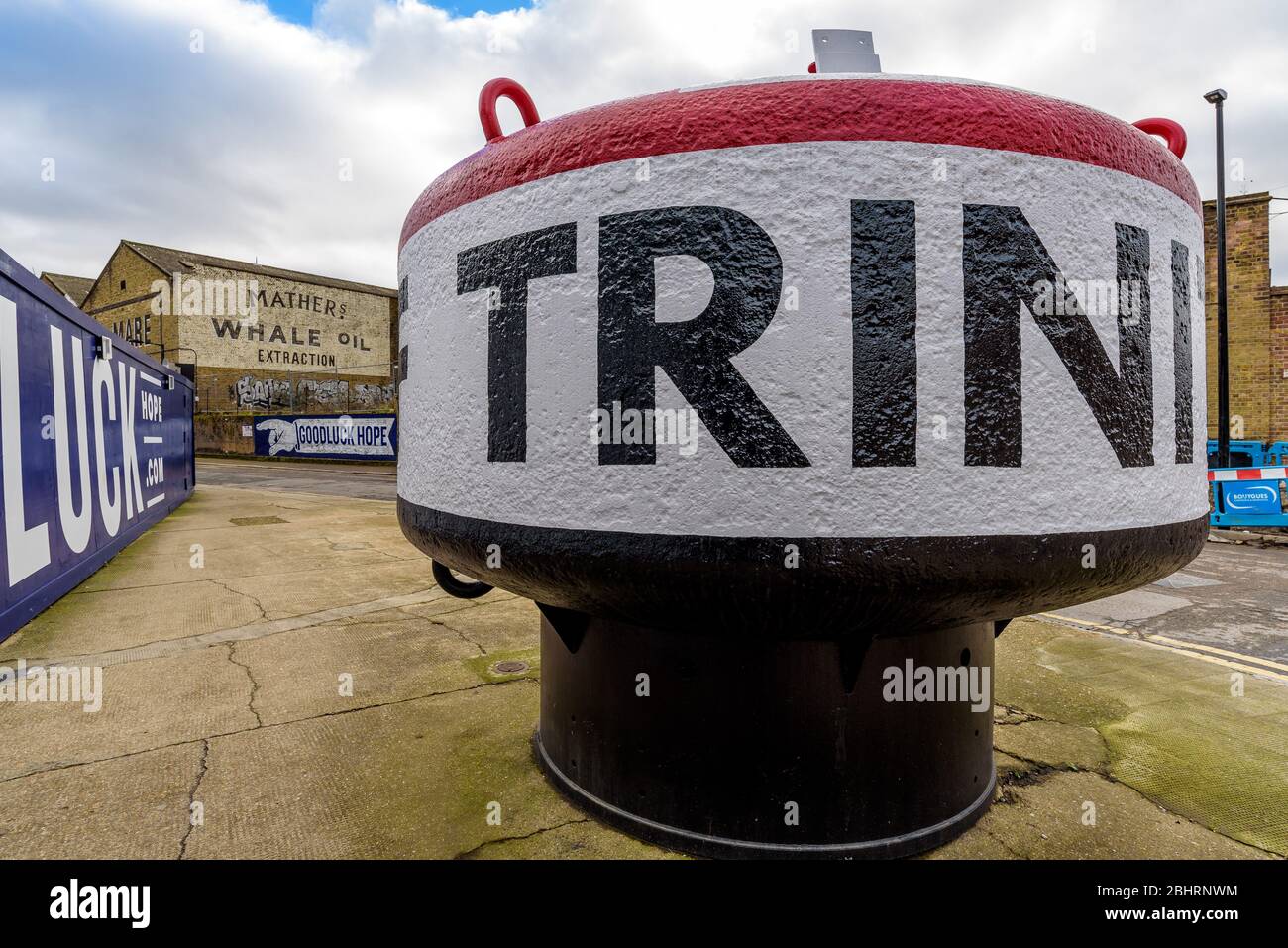 London, England. Metal sculpture at the entrance to Trinity Buoy Wharf, a Docklands site with ...