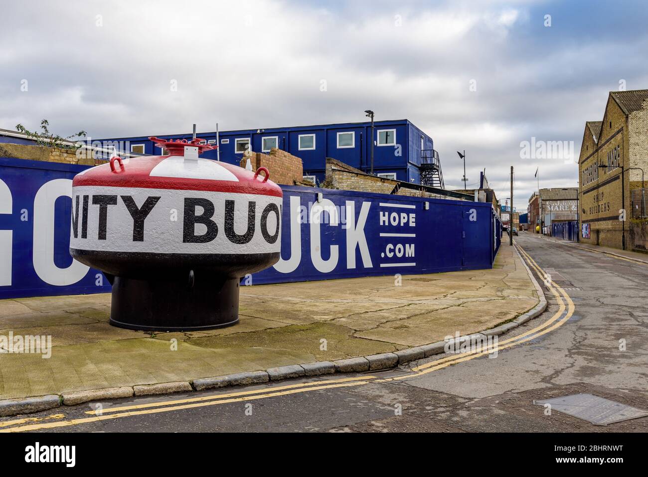 London, England. Metal sculpture at the entrance to Trinity Buoy Wharf, a Docklands site with ...