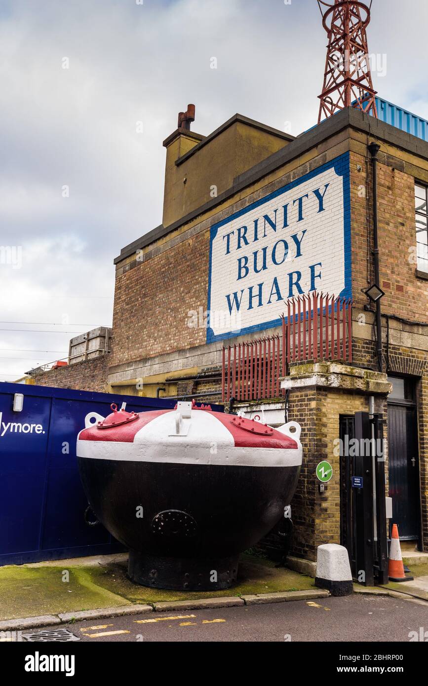London, England. Metal sculpture at the entrance to Trinity Buoy Wharf, a Docklands site with ...