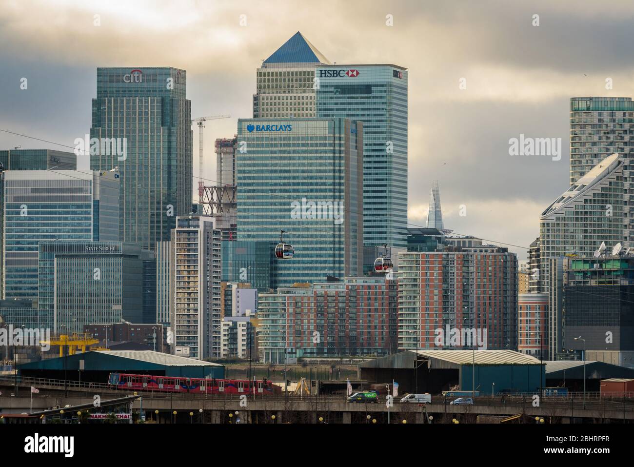 View of the skyscrapers of Canary Wharf and the Emirates Cable car from ...
