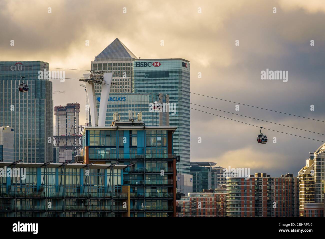 View of the skyscrapers of Canary Wharf and the Emirates Cable car from ...