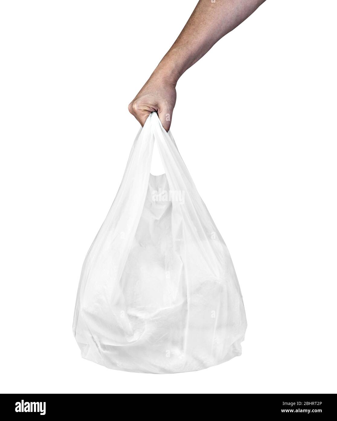 close up of a hand holding used white plastic bag on white background ...