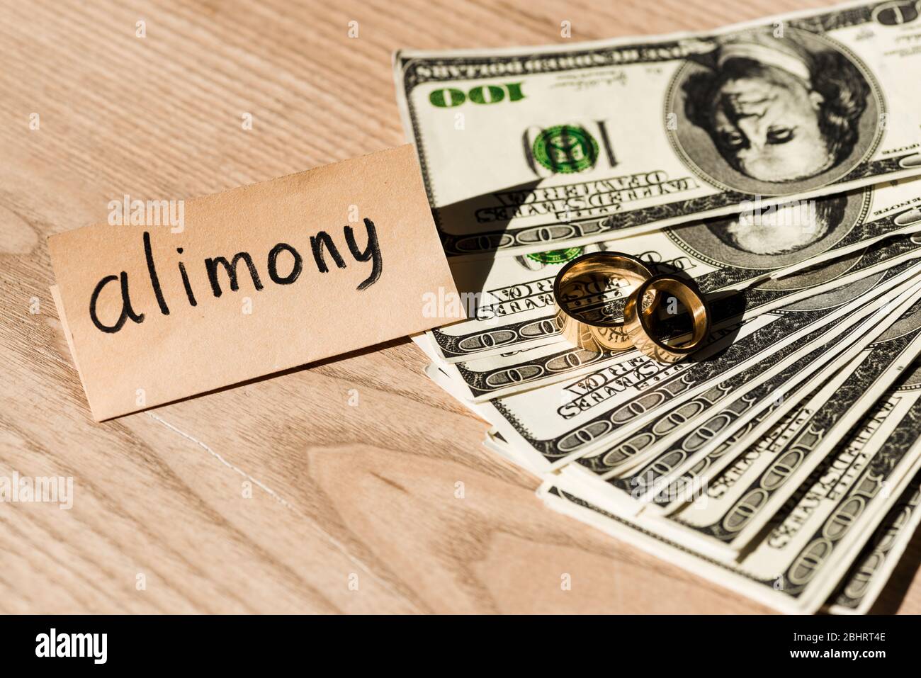 paper with alimony lettering near dollar banknotes and engagement rings ...