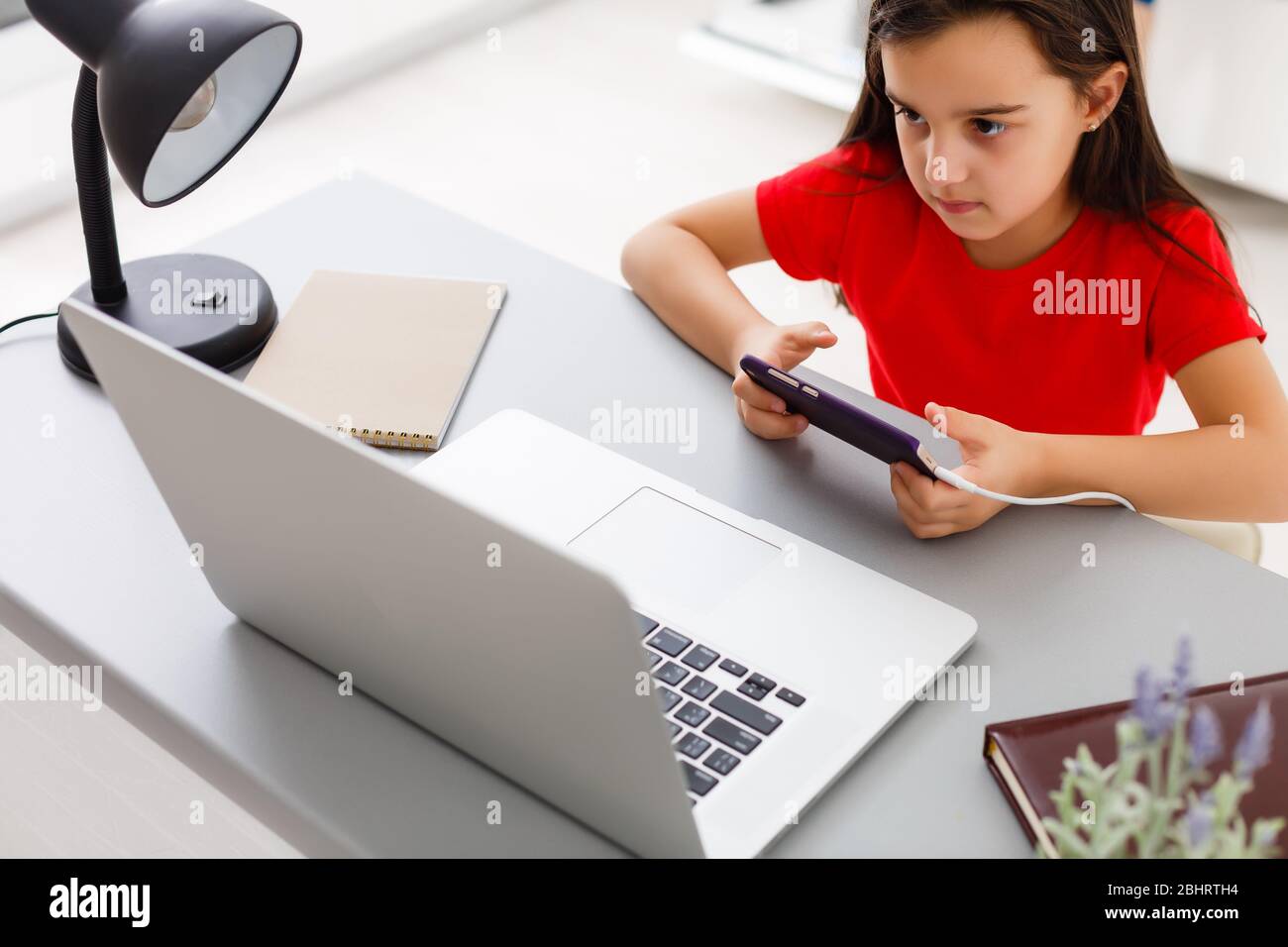 Remote lessons. The child smiles happily and gets knowledge remotely ...