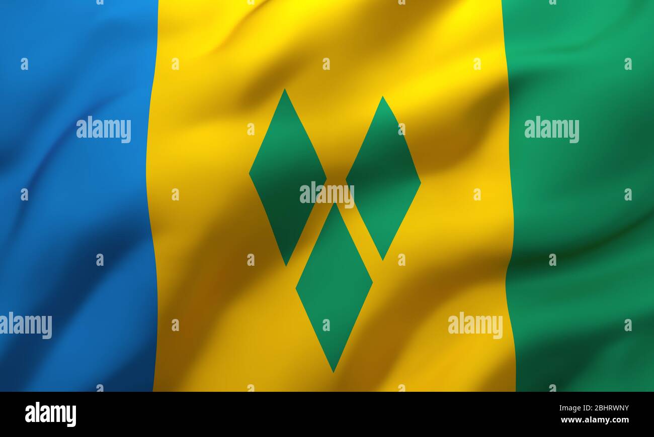 Flag of Saint Vincent and the Grenadines blowing in the wind. Full page ...