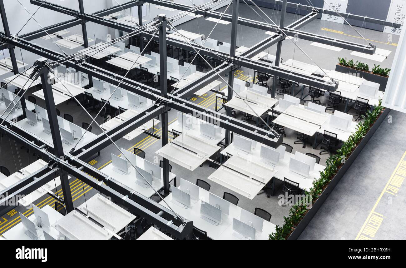 Top view of empty IT office, covered computers, no workers Stock Photo ...