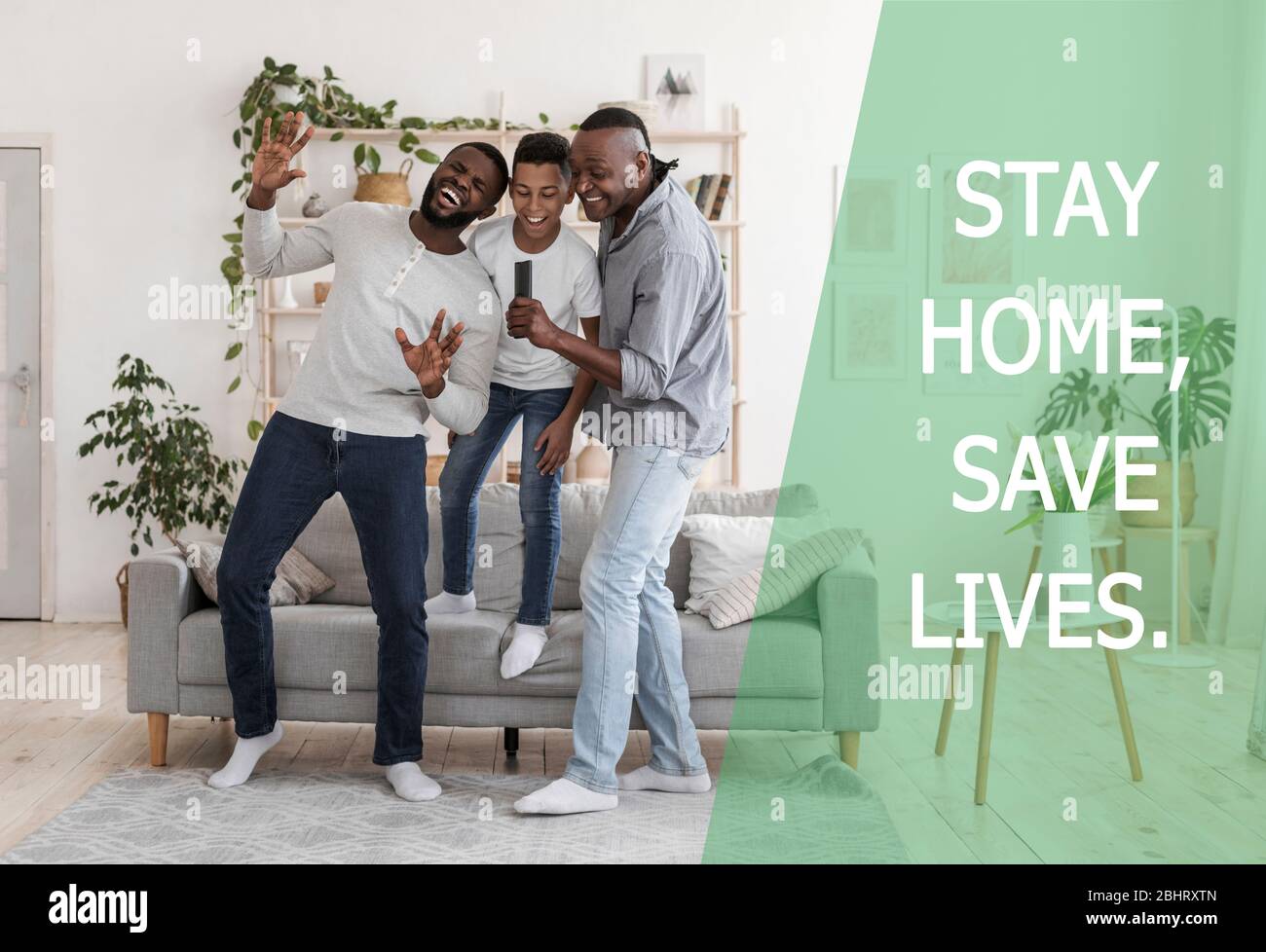 Stay Home. Collage Of Joyful Black Dad, Son And Grandfather Fooling ...