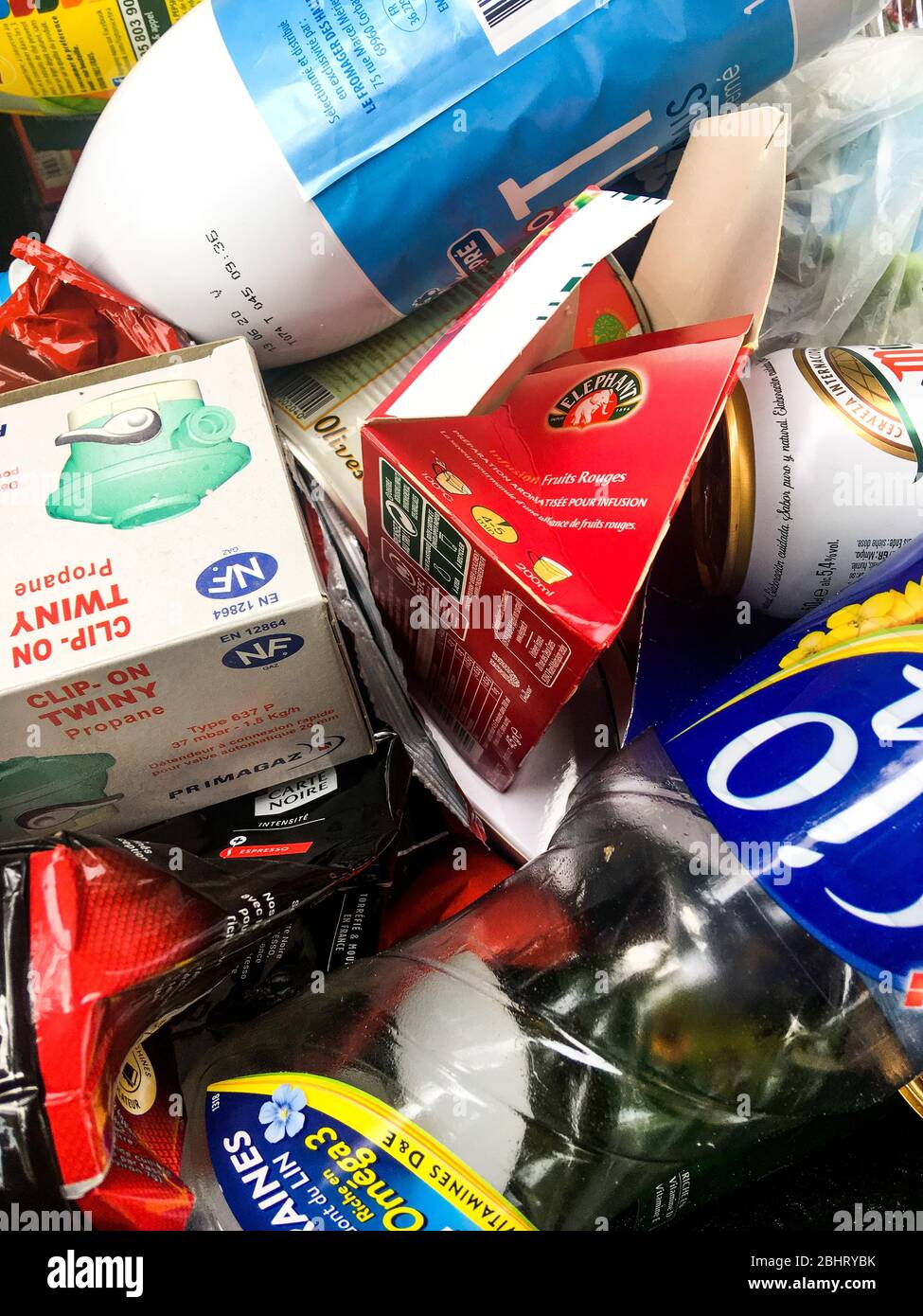 Recyclable wastes in sparate collecting bin, Bron, France Stock Photo ...
