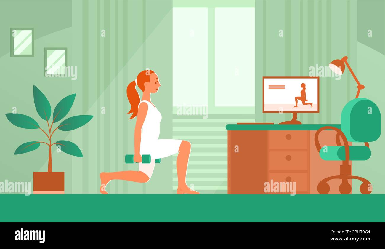 Sport girl doing fitness at home. Exercise squats with dumbbells ...