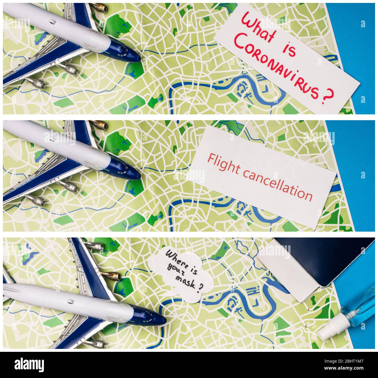 Collage of toy plane, cards with what is coronavirus, flight ...