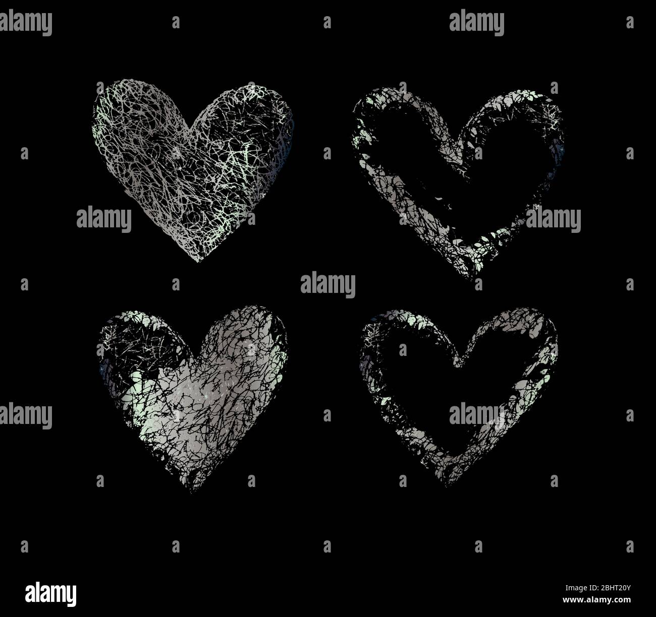 Silver set of the hand drawing hearts, isolated on black. Silver shapes ...