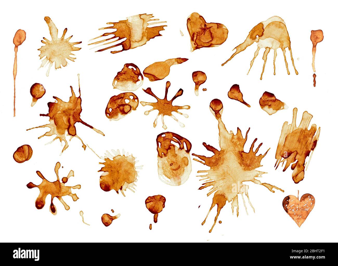 Coffee paint stains, splashes and harts isolated on white background ...