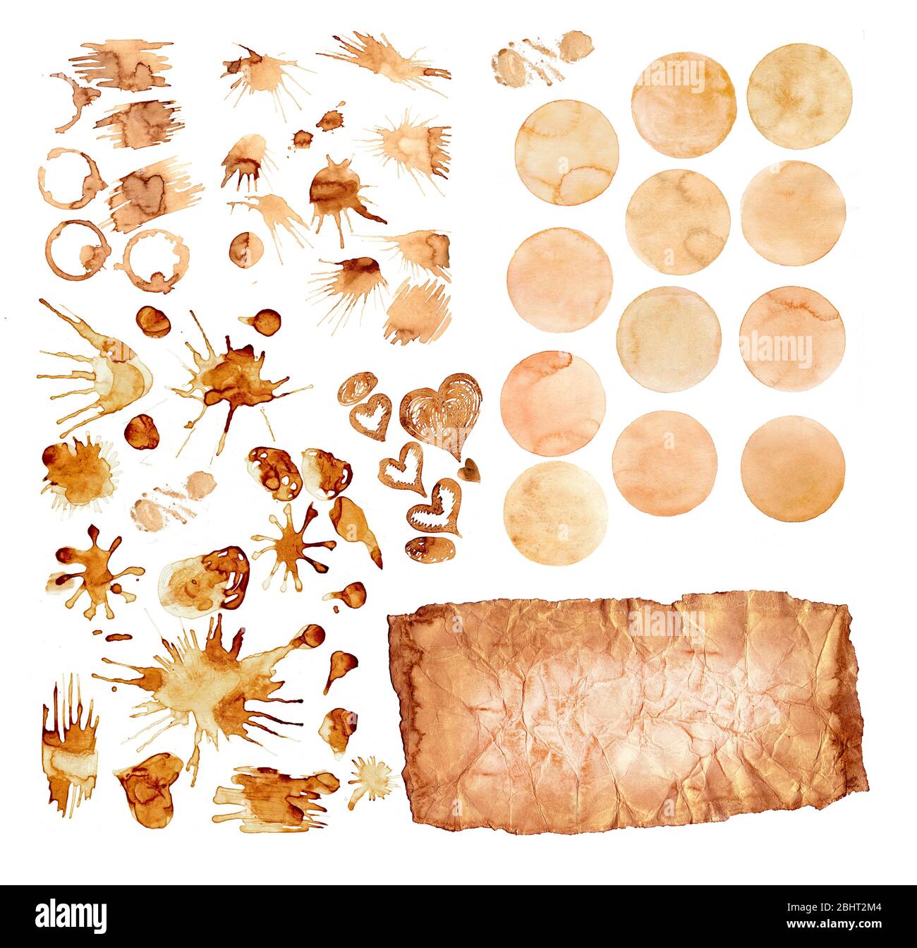 Coffee paint stains splashes and harts isolated on white background ...