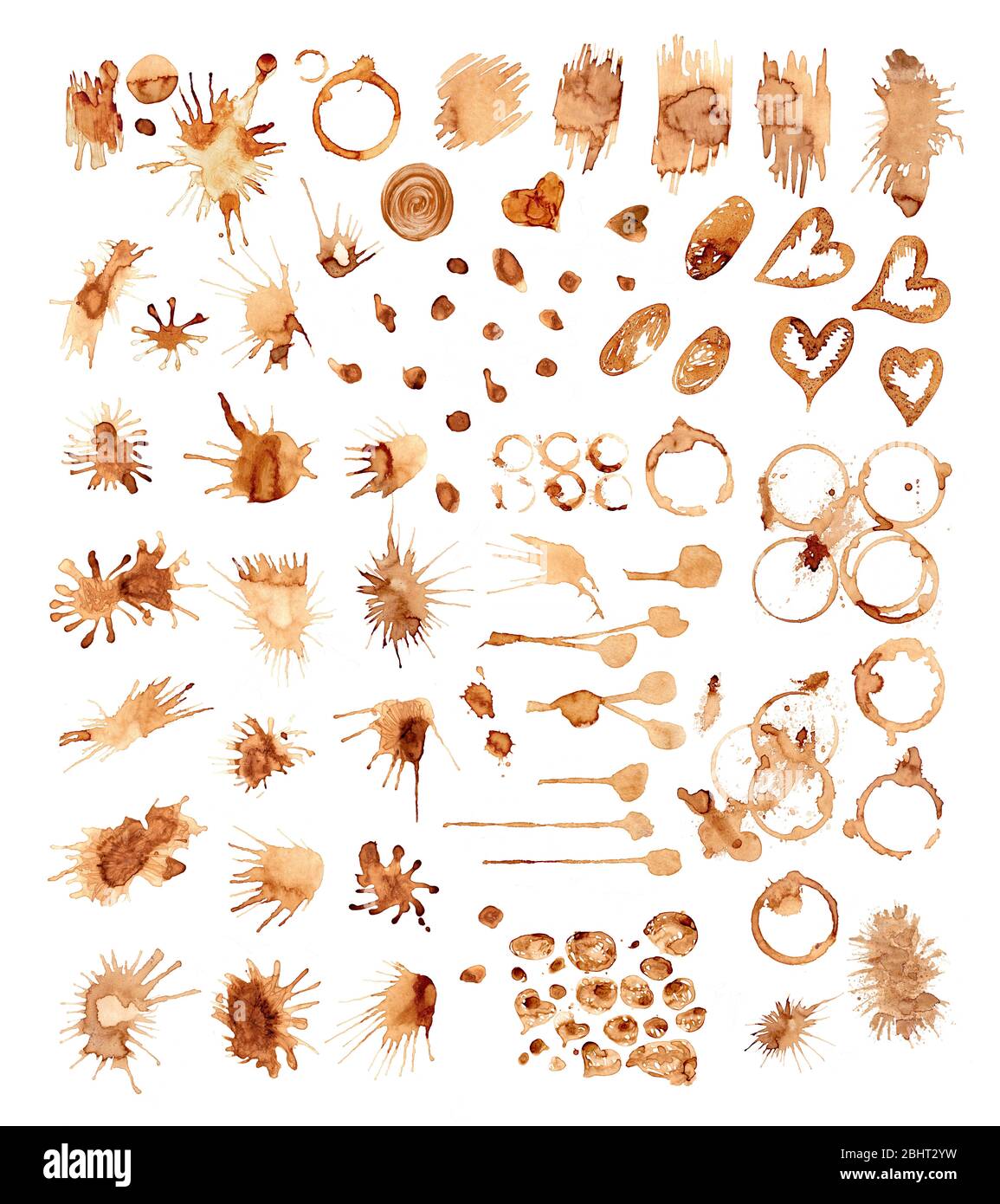 Coffee paint stains splashes and harts isolated on white background ...