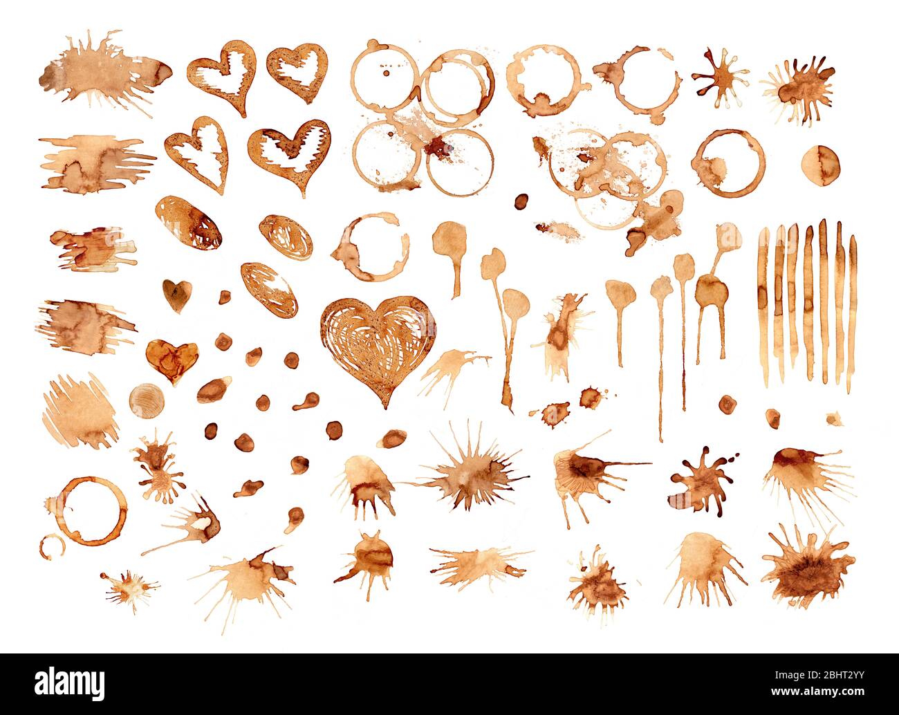 Coffee paint stains splashes and harts isolated on white background ...