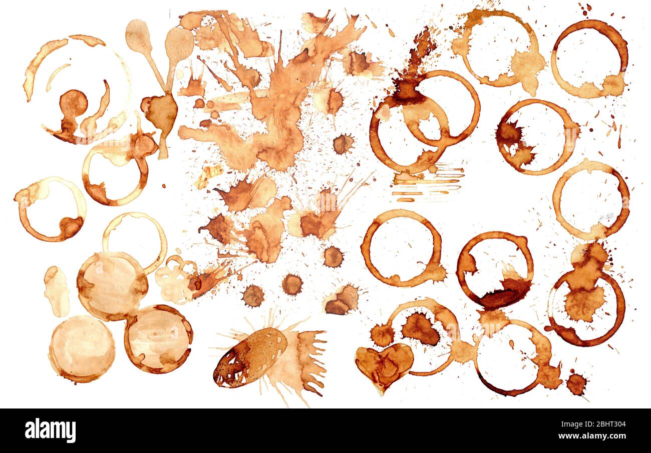 Coffee paint stains splashes and harts isolated on white background ...