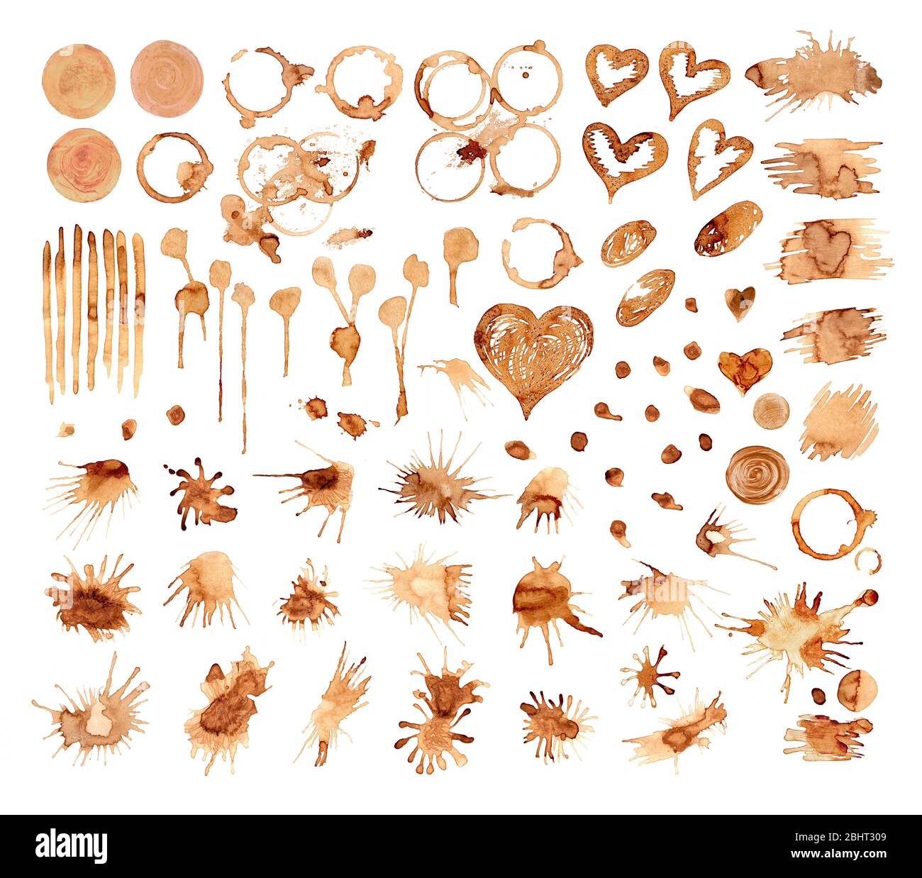 Coffee paint stains, splashes and harts isolated on white background ...