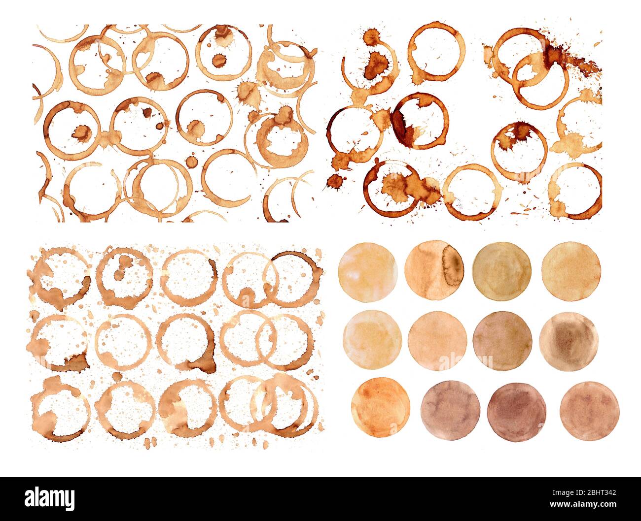 Coffee paint stains splashes and harts isolated on white background ...