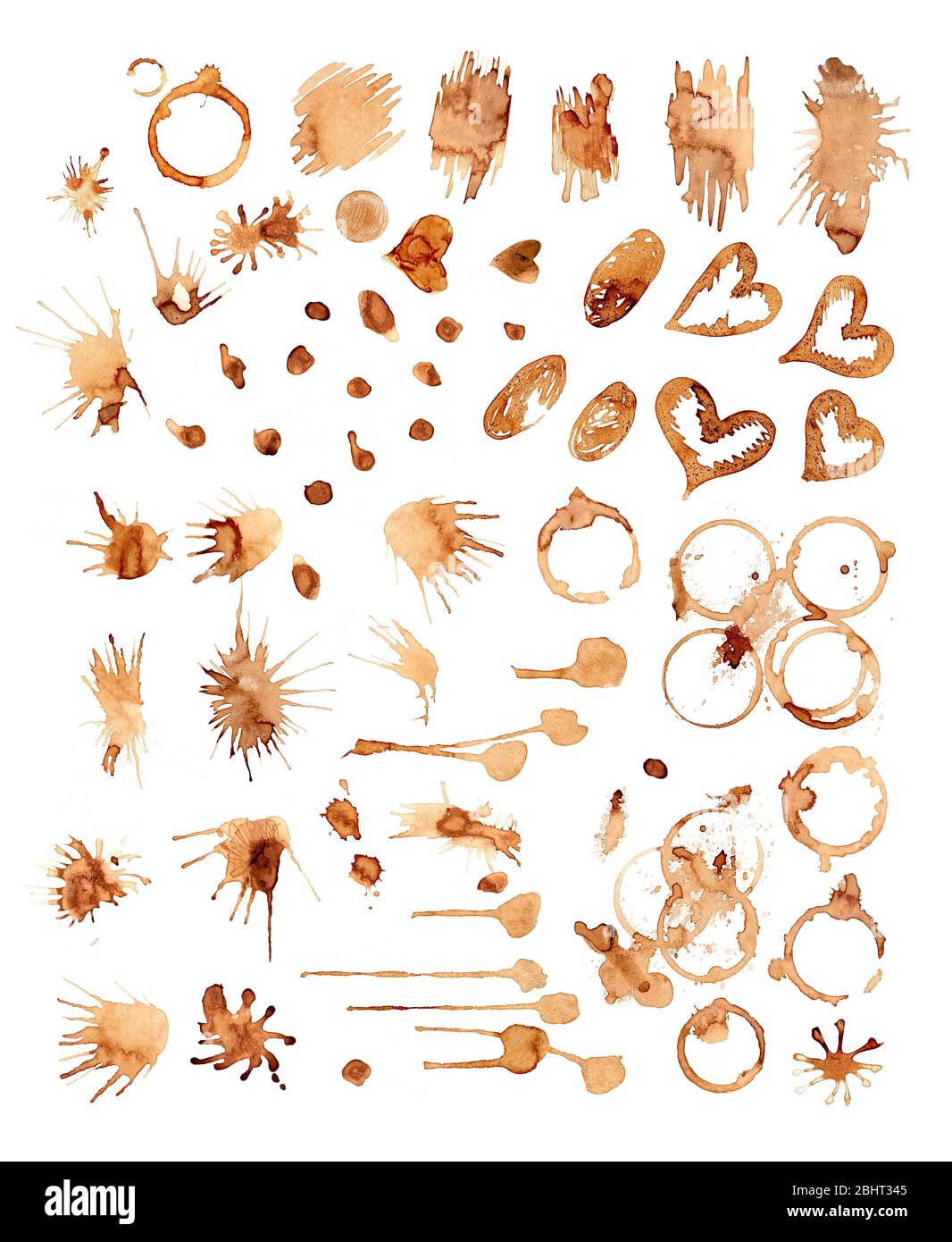 Coffee paint stains splashes and harts isolated on white background ...