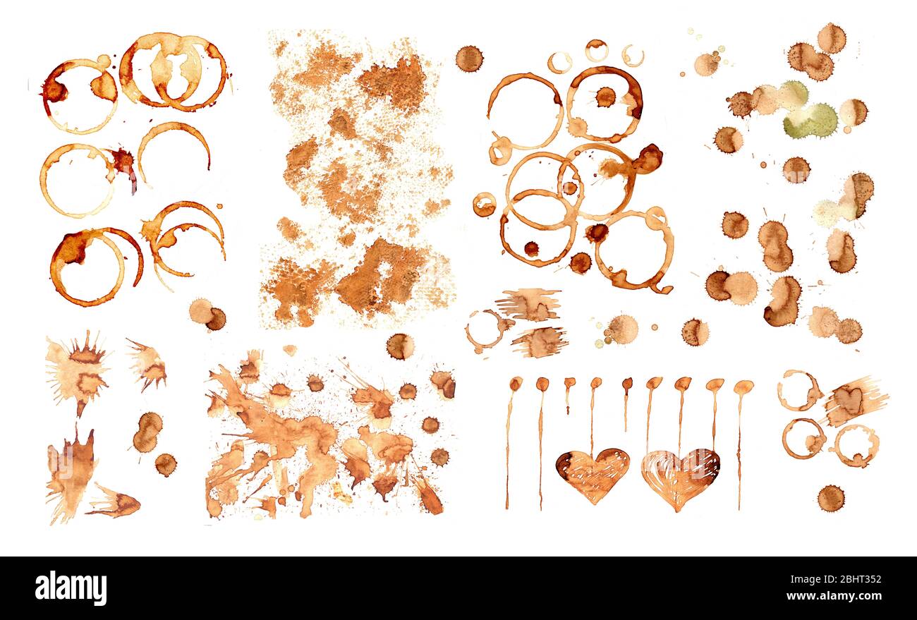 Coffee stains splashes isolated on white background. Coffee cup marks ...