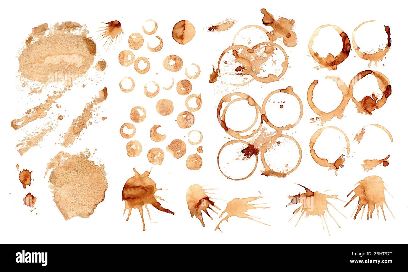 Coffee stains splashes isolated on white background. Coffee cup marks ...