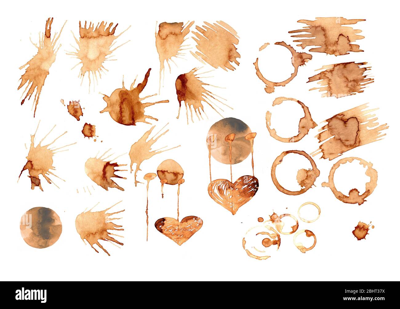 Coffee paint stains, splashes and harts isolated on white background ...
