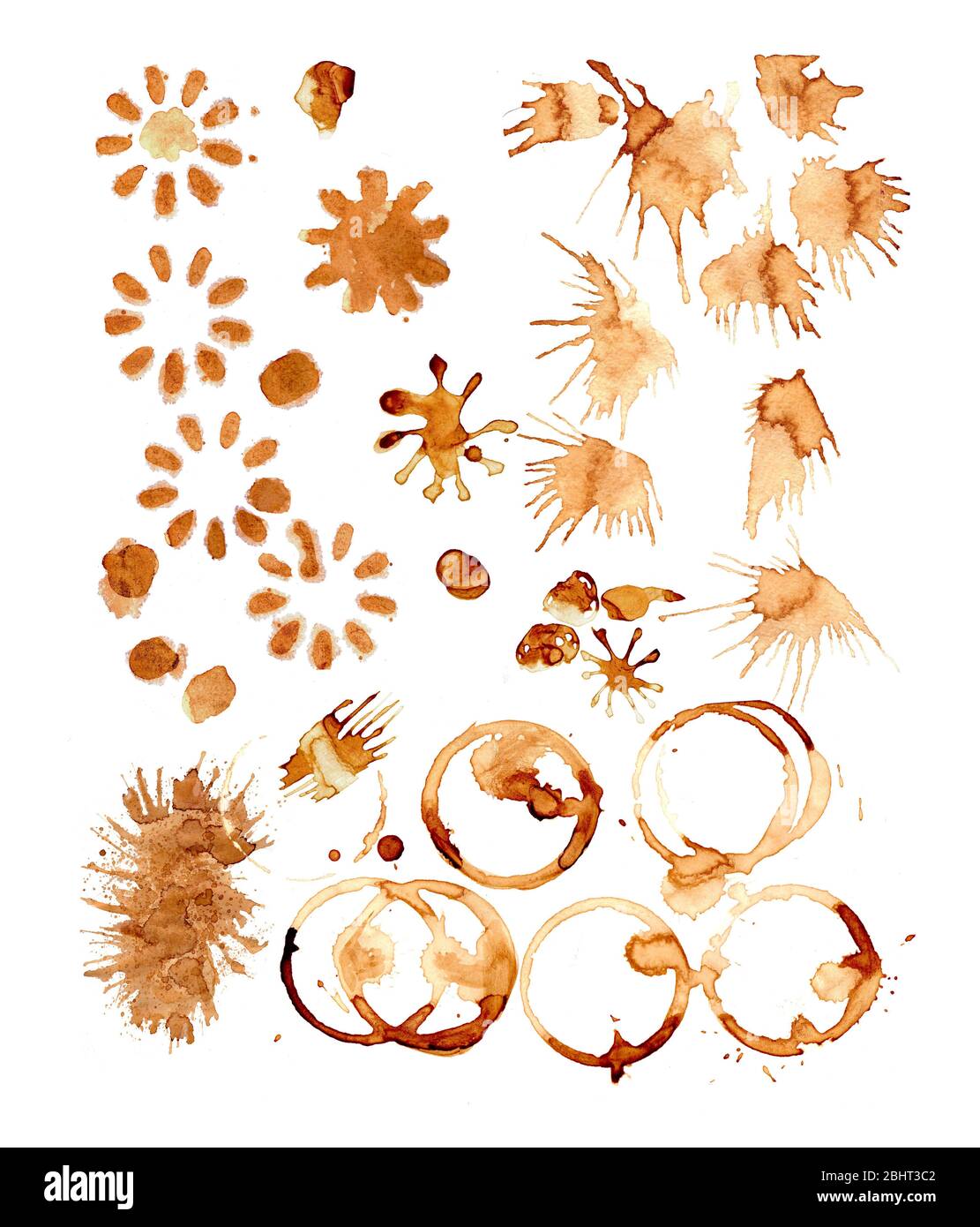 Coffee stains splashes isolated on white background. Coffee cup marks ...